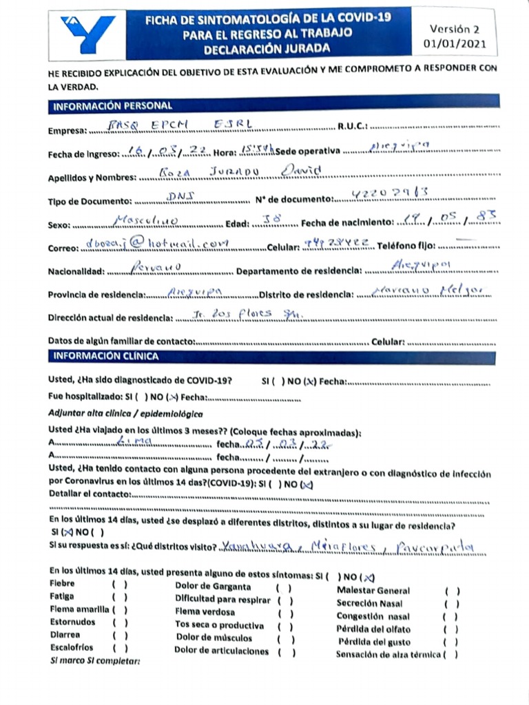 Ficha de Sintomatologia David Boza Yura | PDF