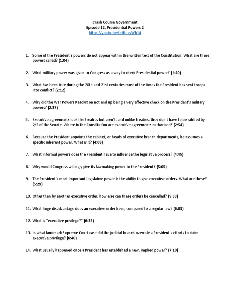 Crash Course Gov 12 Presidential Powers 2 | PDF