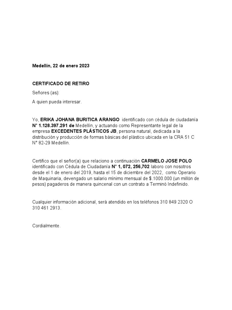 Medellín, 22 de Enero 2023 Certificado de Retiro | PDF