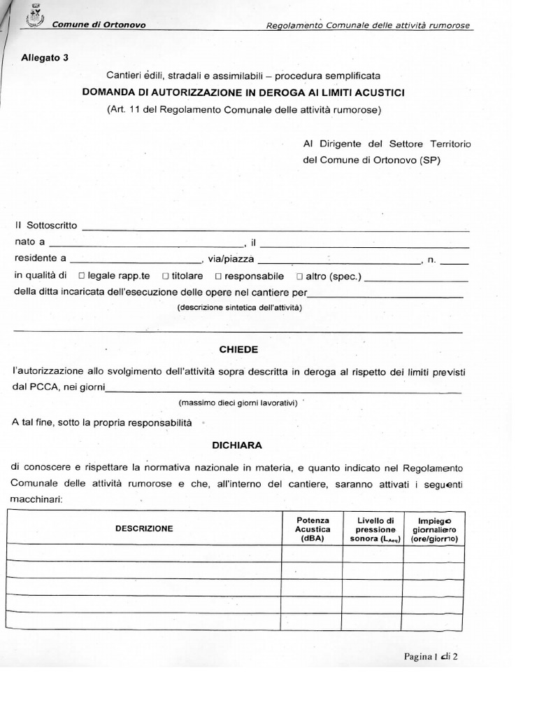 Autorizzazione Deroga Limiti Acustici Art. 11 | PDF