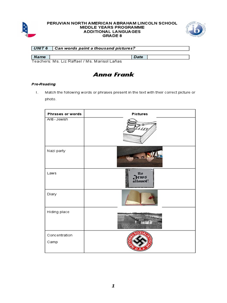 G8 Anne Frank Reading Comprehension Exercises 128294 | PDF