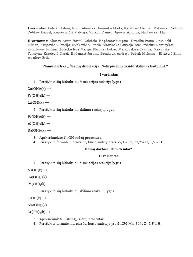 Namų Darbas ,,šarmų Disociacija. Netirpių Hidroksidų Skilimas Kaitinant. | PDF