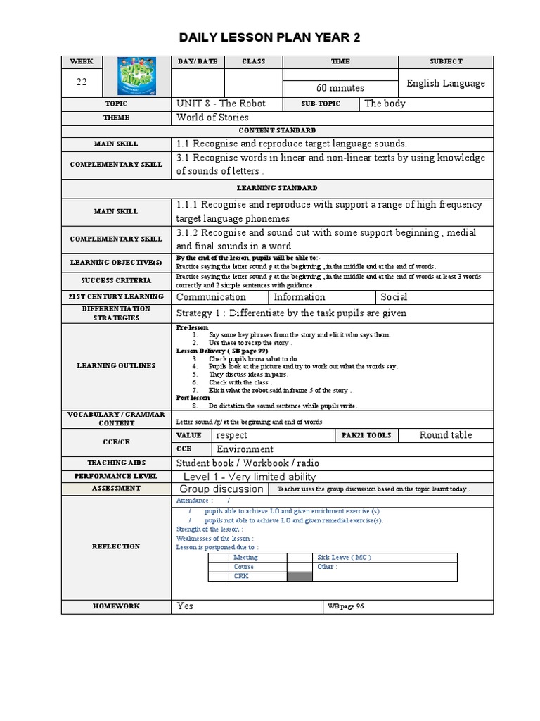 Week 22 - Unit 8 The Robot | PDF | Lesson Plan | Teachers