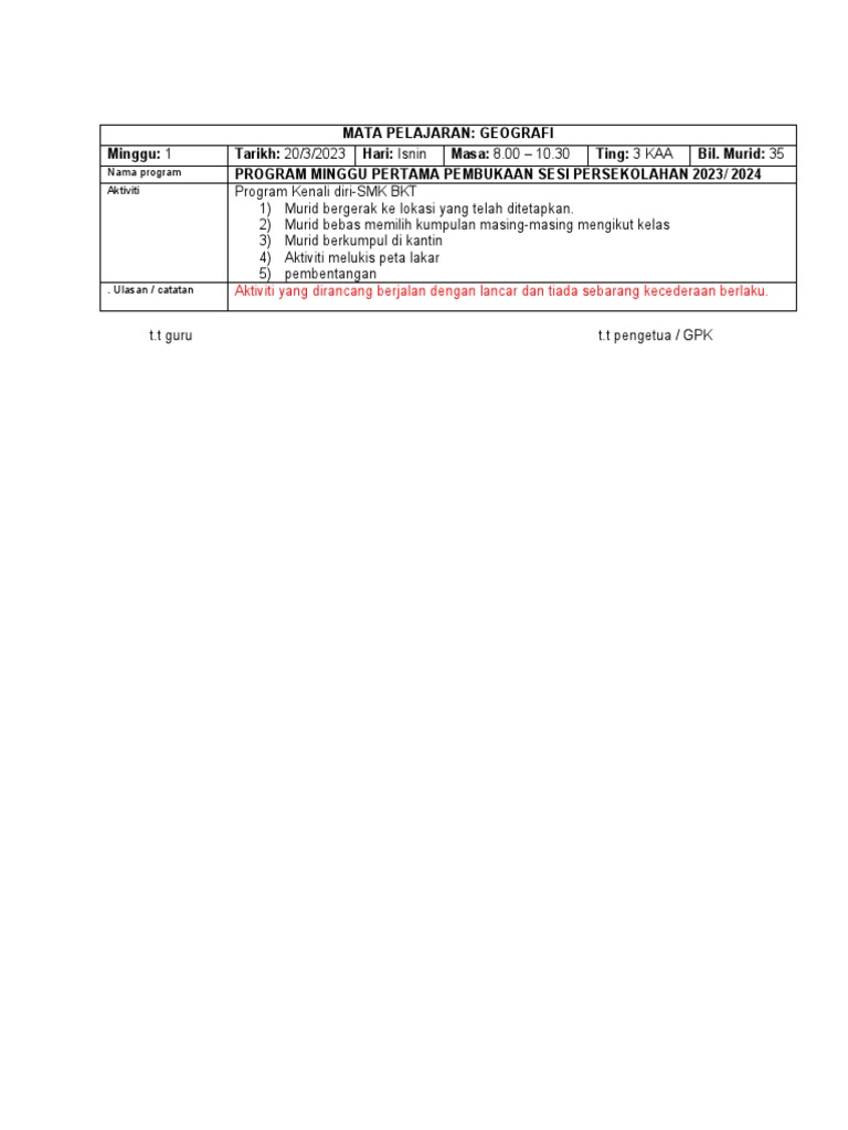Contoh RPH Minggu 1 2023,2024 | PDF
