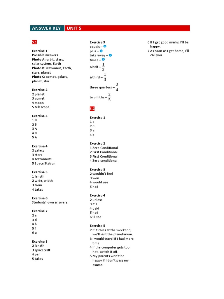 Revision Unit 5 Answer Key | PDF | Comet | Moon