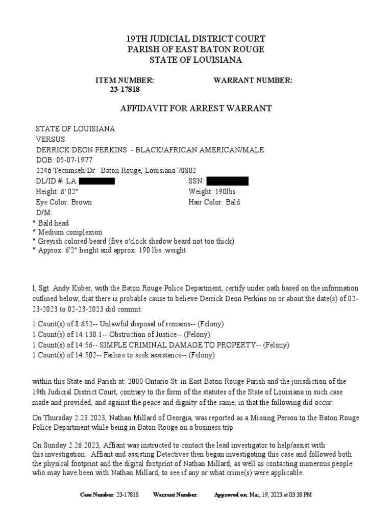Derrick Perkins Arrest Warrant Details | PDF | Arrest Warrant ...