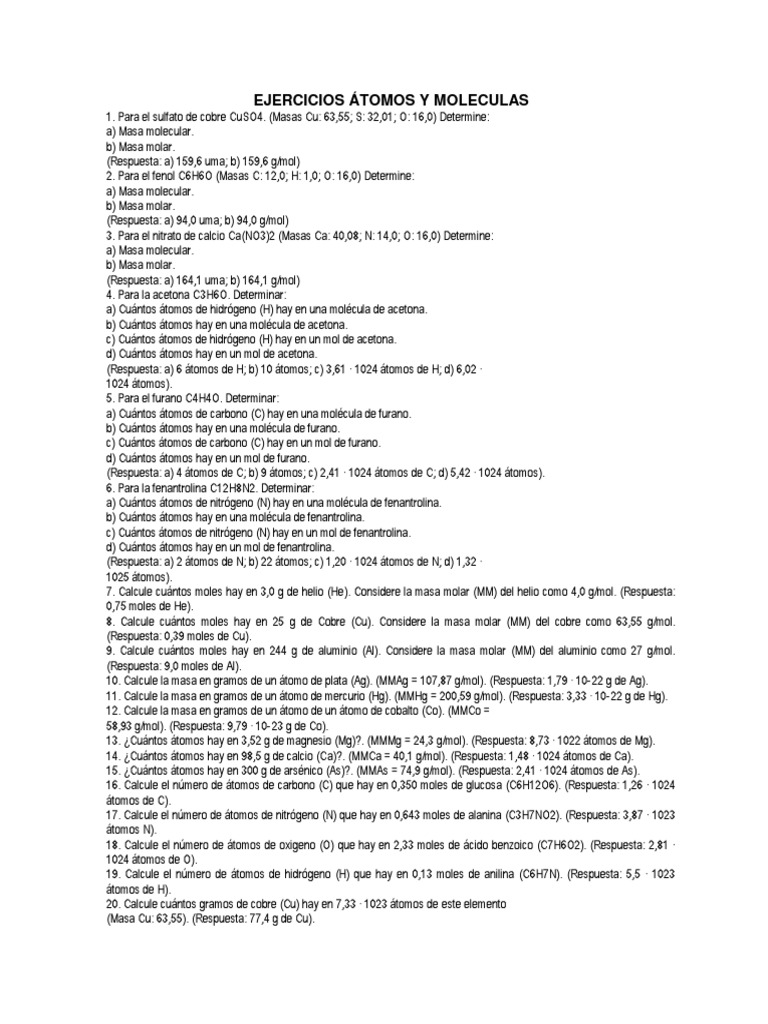 Ejercicios Atomos Y Moleculas Pdf Mole Unidad Sacarosa