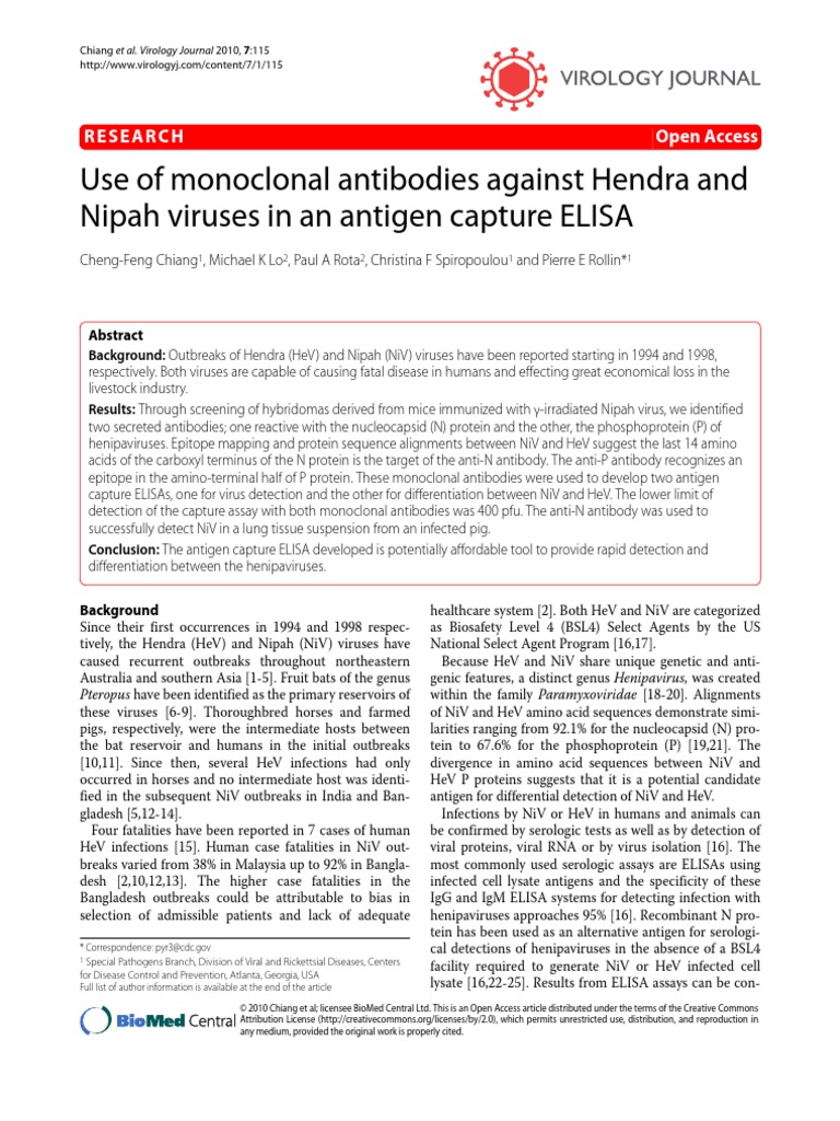 Use of Monoclonal Antibodies Against Hendra and Nipah Viruses in An Antigen Capture Elisa | PDF ...