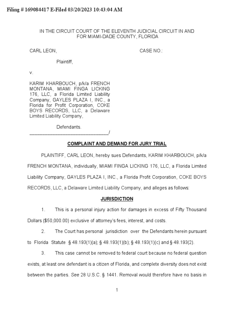 Carl Leon v. French Montana Et Al | Download Free PDF | Negligence ...