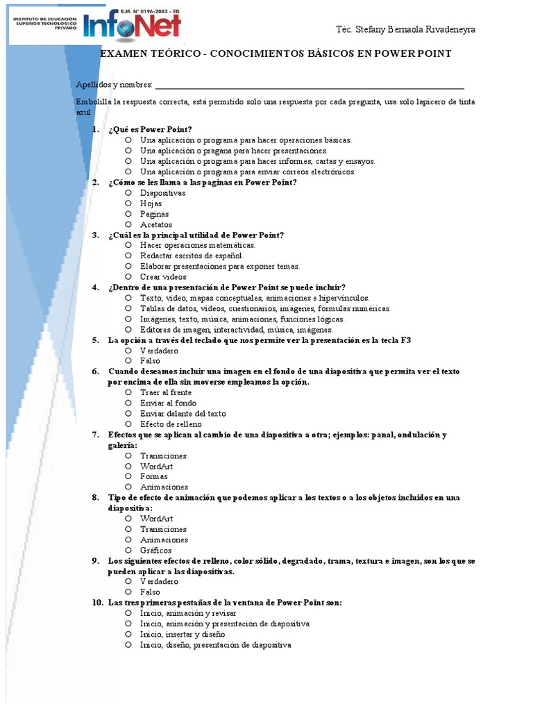 Examen Teórico Power Point | PDF | Microsoft PowerPoint | Software de la aplicacion