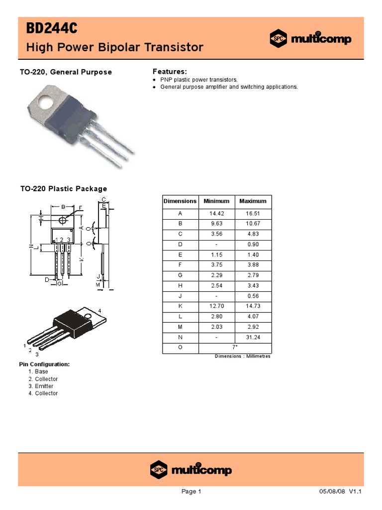 High Power Bipolar Transistor: TO-220, General Purpose Features | PDF ...