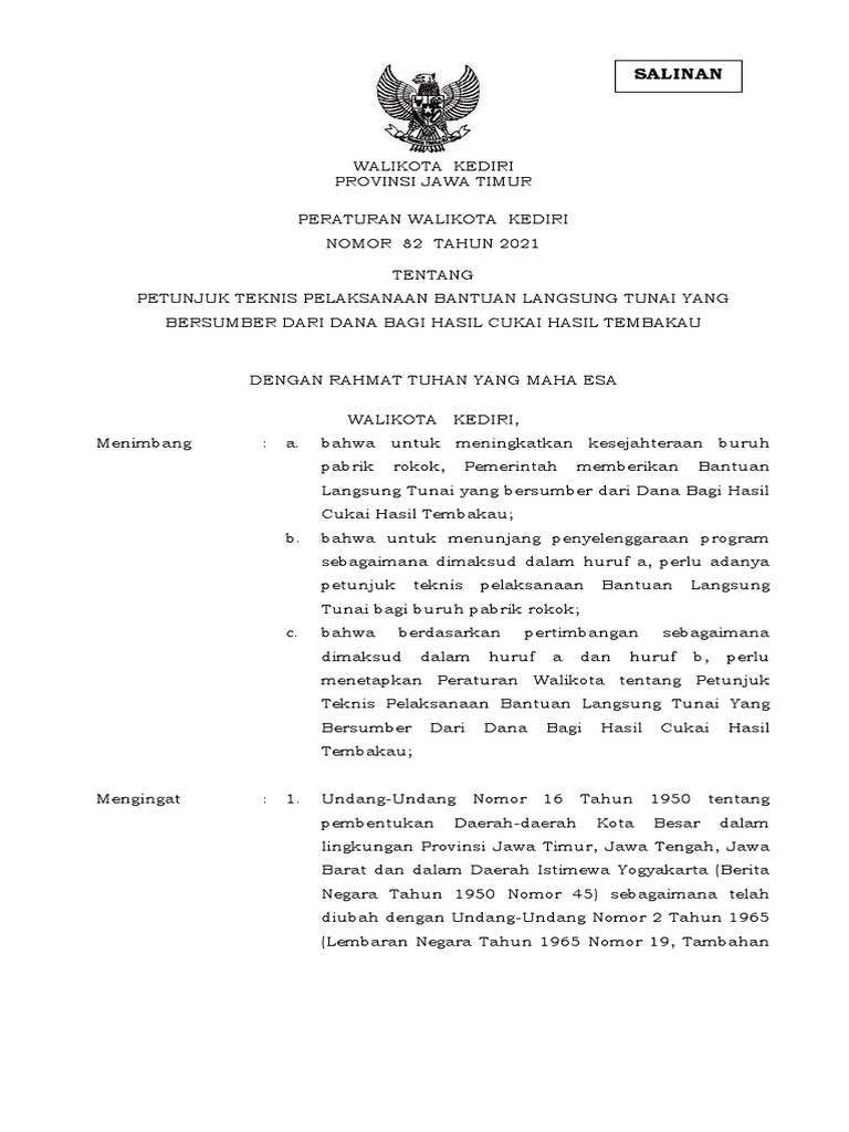 PERWAL 82 Juknis BLT DBHCHT | PDF