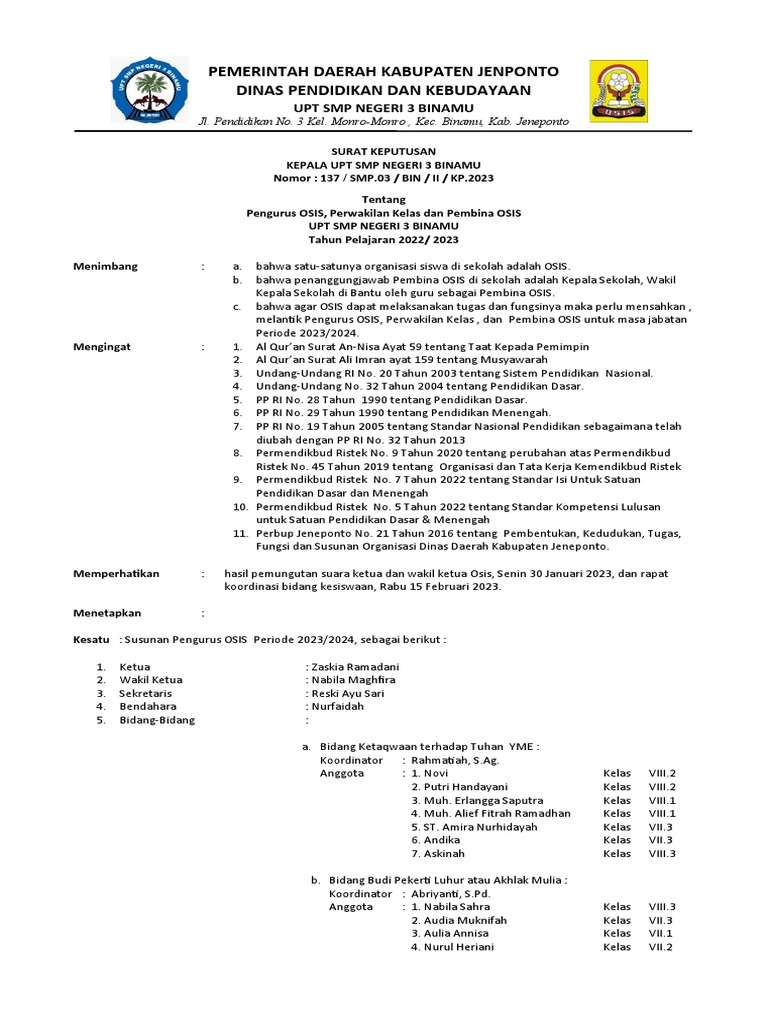 SK Osis SMP UPT 3 Binamu 2023 | PDF