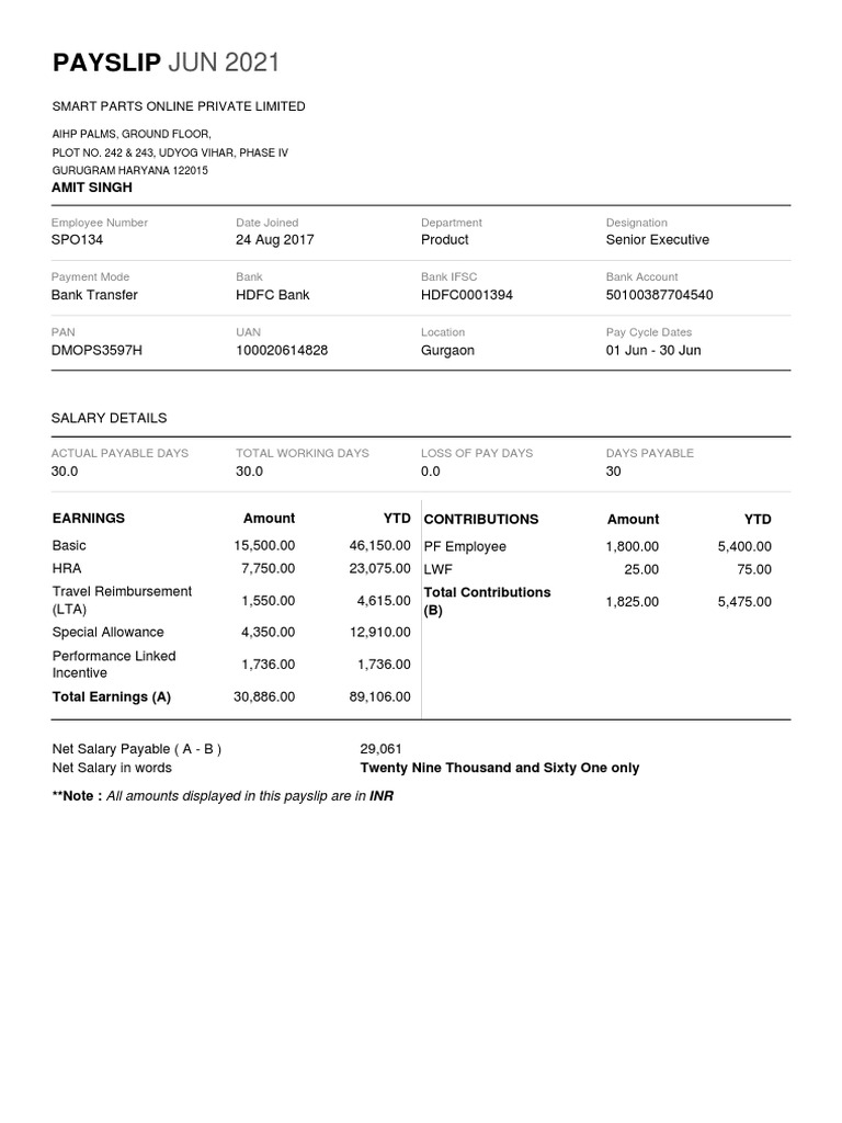 Amit Singh-Payslip - Jun-2021-Unlocked PDF | PDF | Tax Deduction | Pension