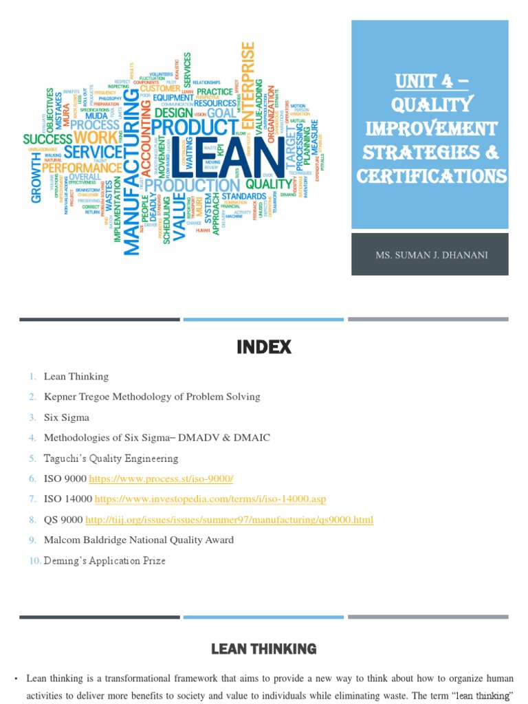 Unit 4 - Quality Improvement Strategies & Certifications | PDF | Six Sigma | Methodology
