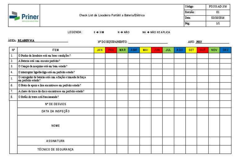 Checklist mensal de inspeção de lixadeira portátil a bateria/elétrica ...