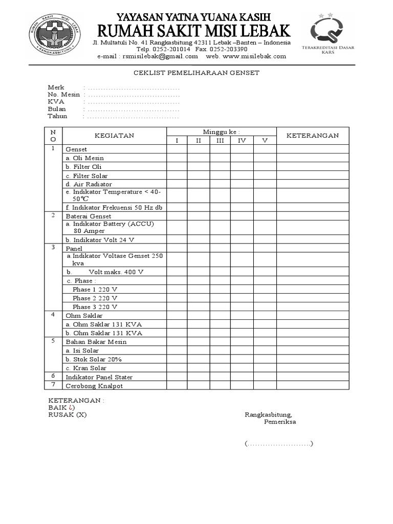 Checklist Pemeliharaan Genset | PDF