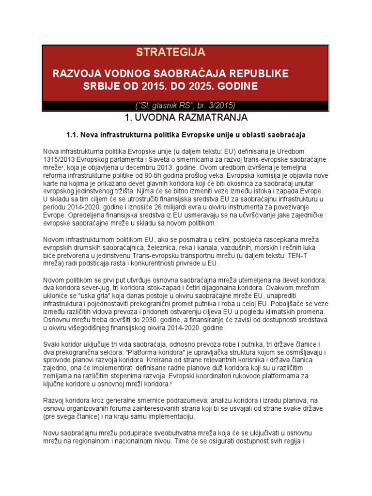 Strategija Razvoja Vodnog Saobracaja RS 2015-2025. | PDF