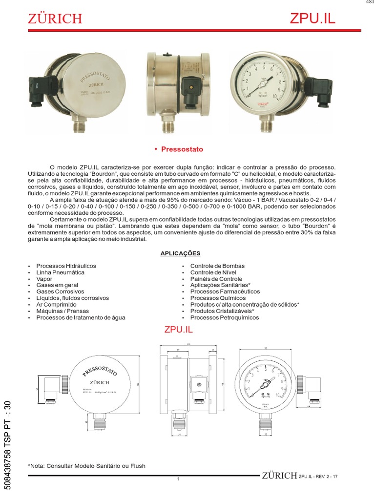 Pressostato Zurich Modelo - Zpu-Il PDF | PDF | Corrosão | Mecânica dos fluidos