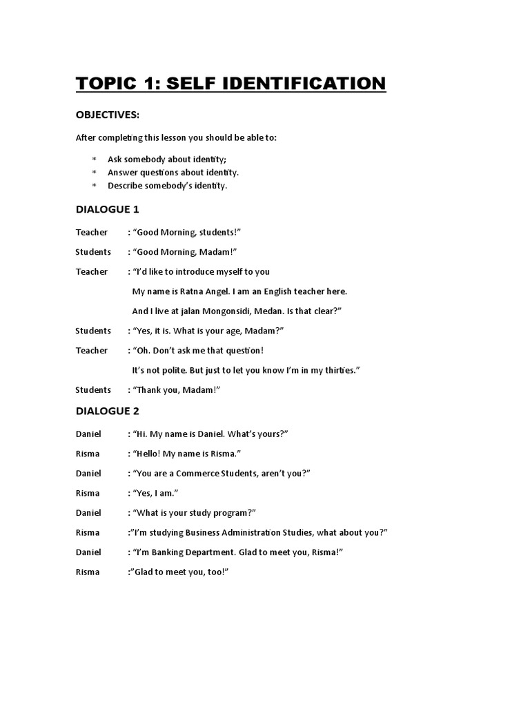 Self Identification in Dialogue Exercises | PDF | Cognitive Science ...