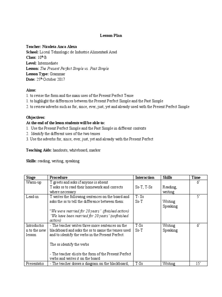 Plan de Lectie Present Perfect Clasa 9 | PDF | Grammatical Tense | Perfect (Grammar)