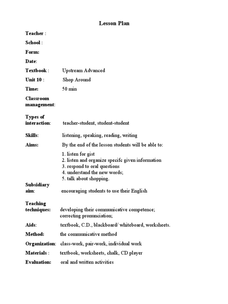 Advanced Lesson Plan: Shopping Skills | PDF | Lesson Plan | Teachers