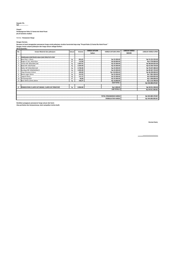 Rab Penawaran Baja WF Ruko Hotel Pusat | PDF