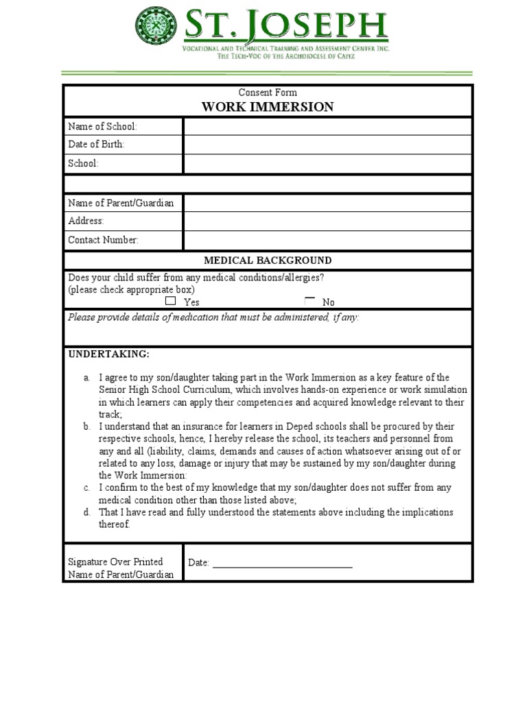 Work Immersion Consent Form | PDF | Self-Improvement | Wellness