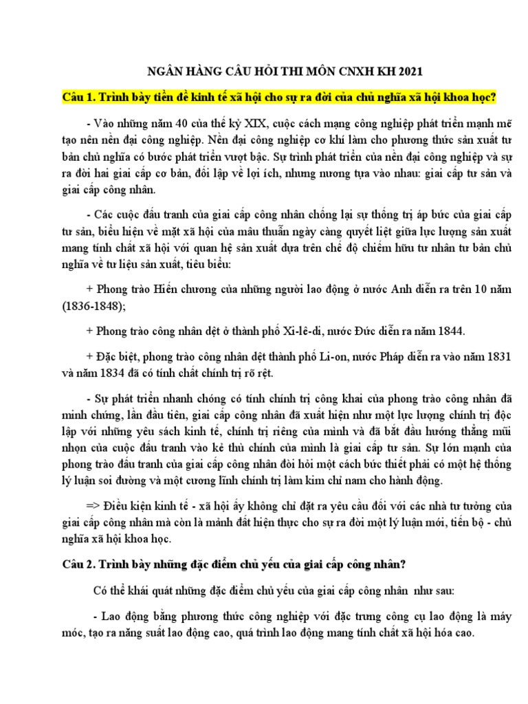 NGÂN HÀNG CÂU HỎI THI MÔN CNXH KH 2021 | PDF