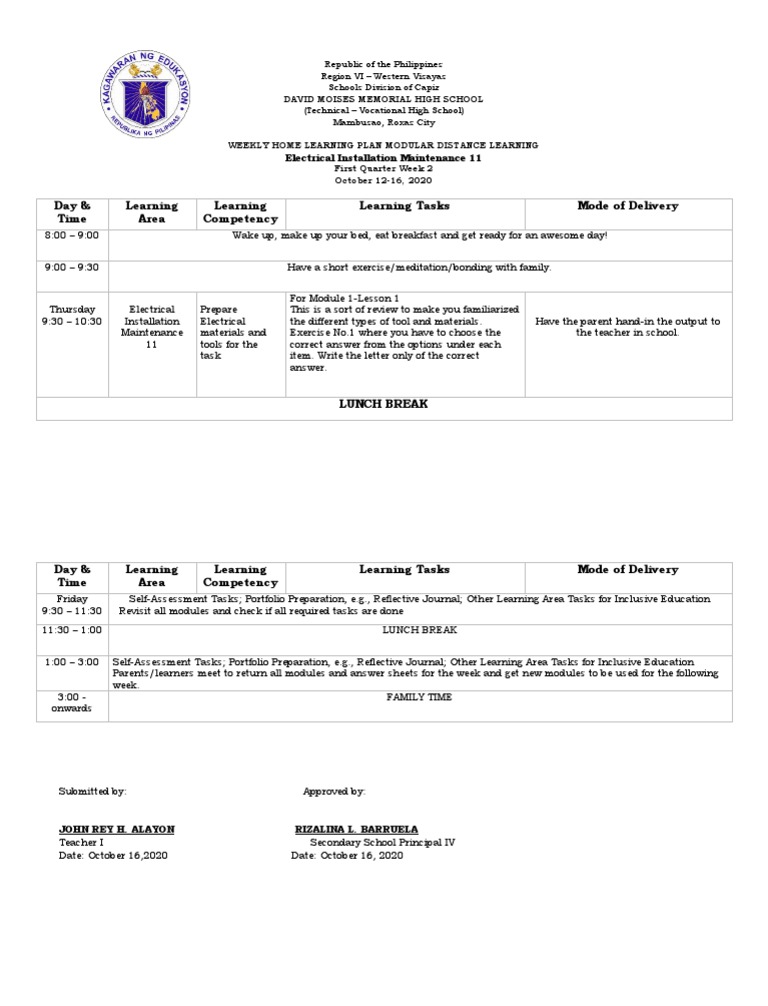 Weekly Learning Home Plan | Download Free PDF | Cognition | Learning