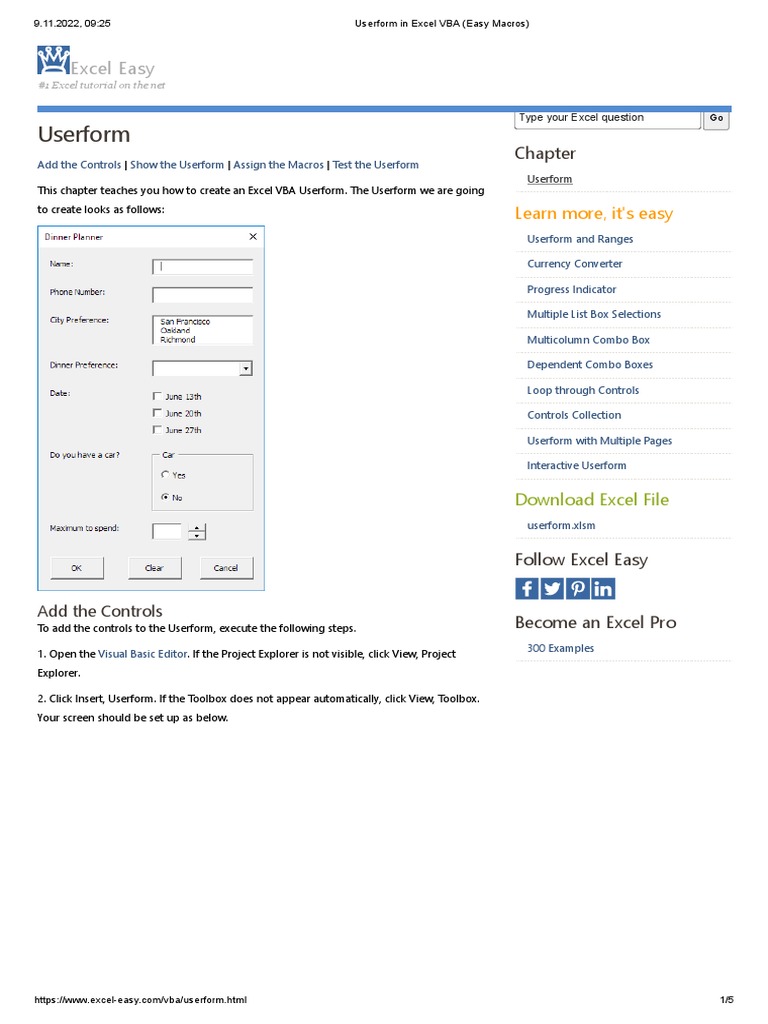 Userform In Excel Vba Easy Macros Pdf Microsoft Excel Computer