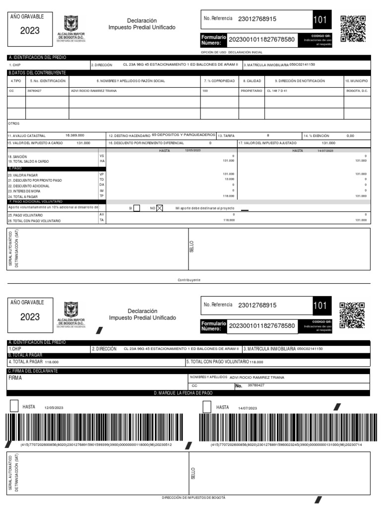 Impuesto Predial 2023 Parqueadero 1 Rubí | PDF