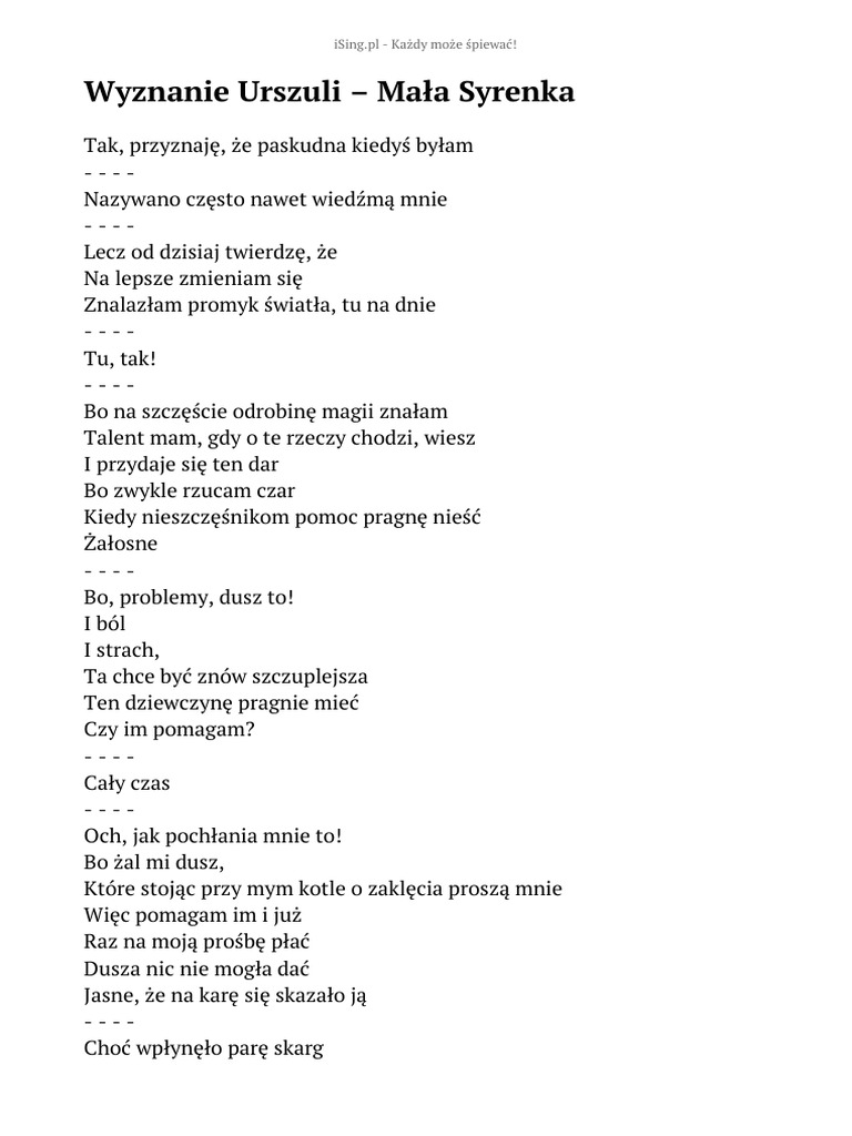 Tekst Mala Syrenka Wyznanie Urszuli 2kenke | PDF