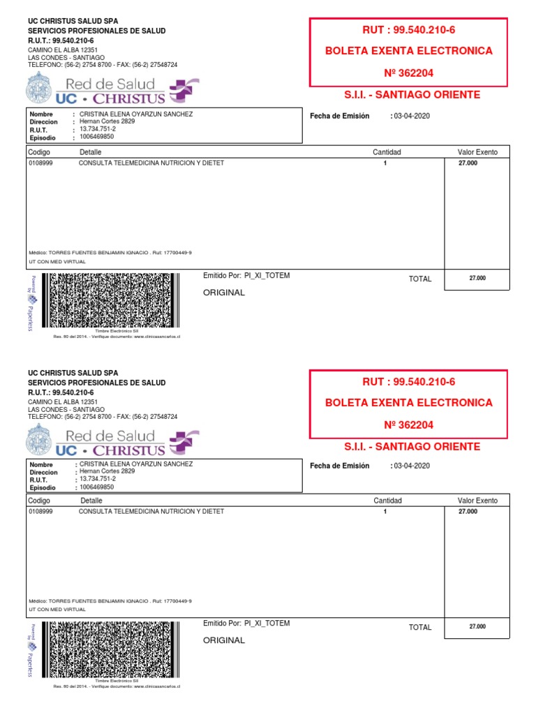 Boleta Telemedicina Nutrición UC Christus | PDF