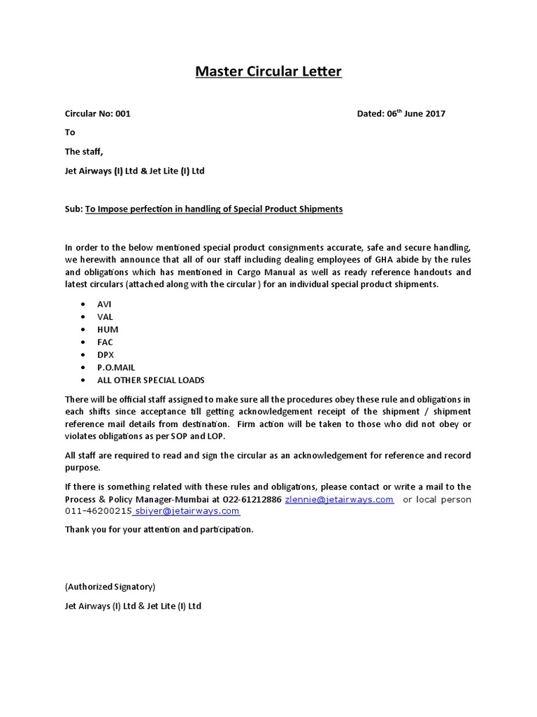 Circular Letter - Special Products | PDF | Mail | Cargo