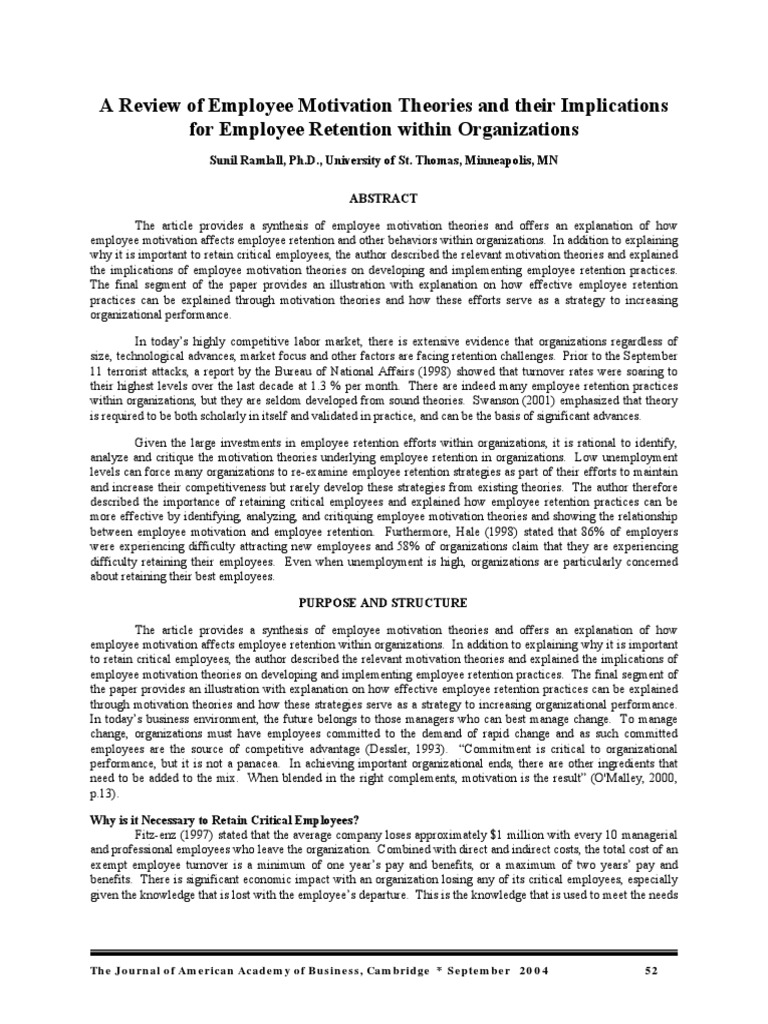 A Review of Employee Motivation Theories and Their Implications For Employee Retention Within ...