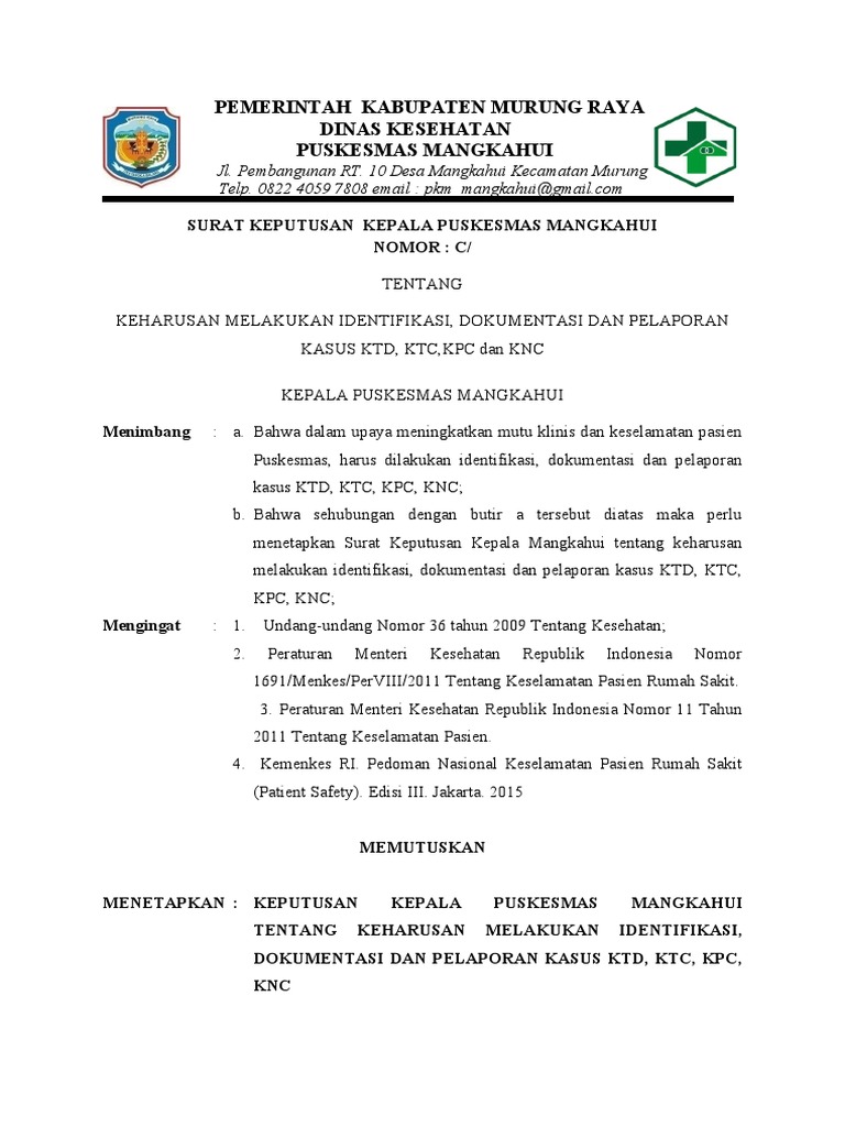 SK Tentang Keharusan Identifikasi KTD, Dokumentasi Dan Pelaporan | PDF