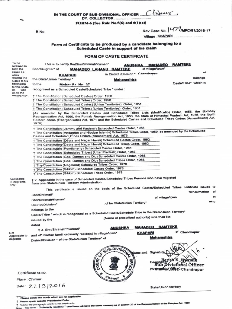 Certificate of Caste: Document Providing Details of Anushka Mahadeo ...
