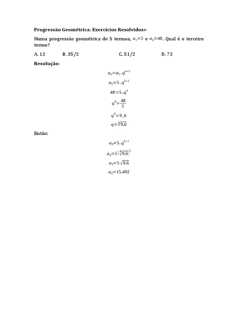 Progressão Geométrica - Exercicios Resolvidos | PDF