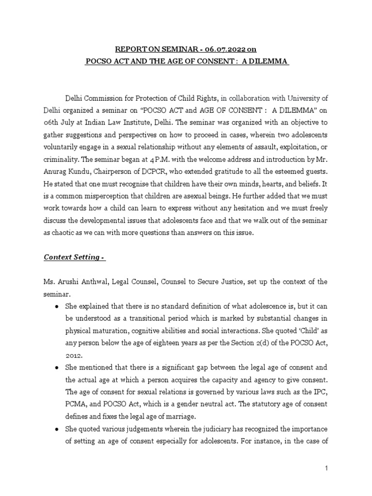 Report of Seminar - POCSO Act and The Age of Consent - A Dilemma | PDF ...