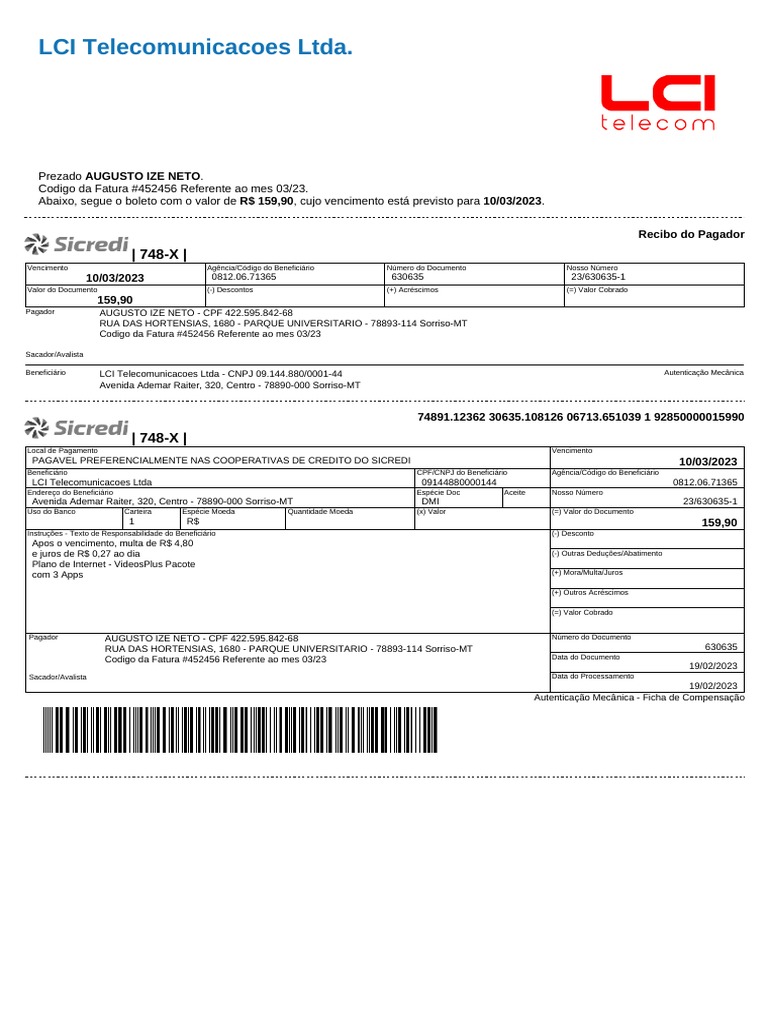 Fatura de serviços de telecomunicações referente ao mês de março de ...