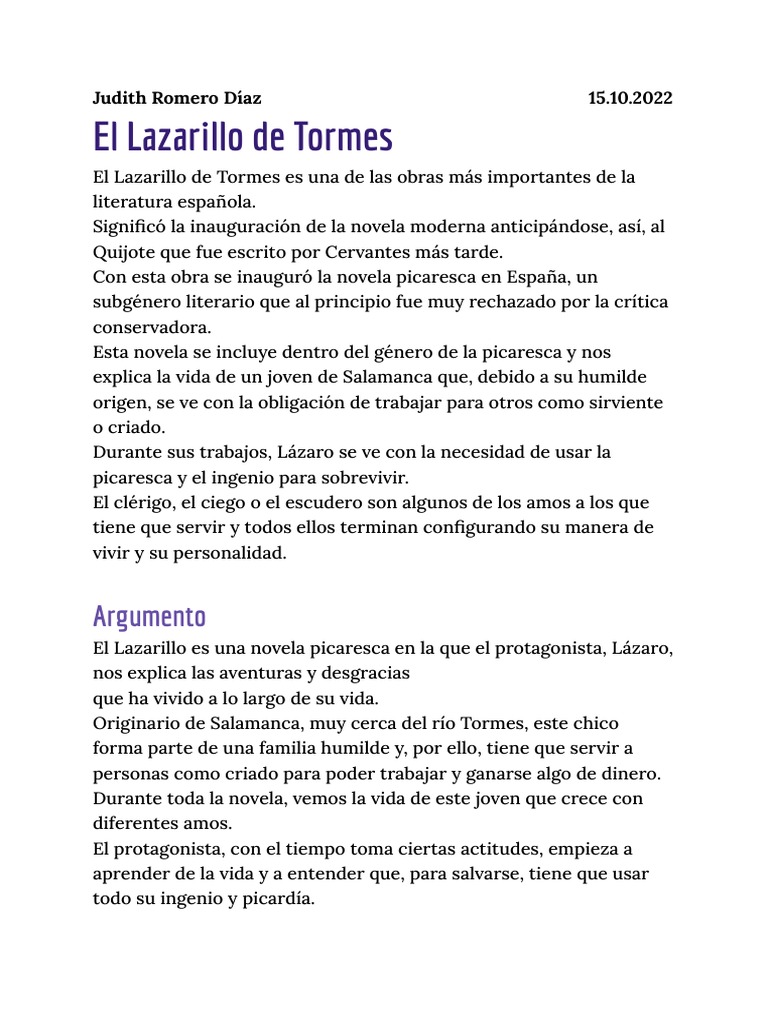 Personajes y trama de Lazarillo de Tormes | PDF | Novelas