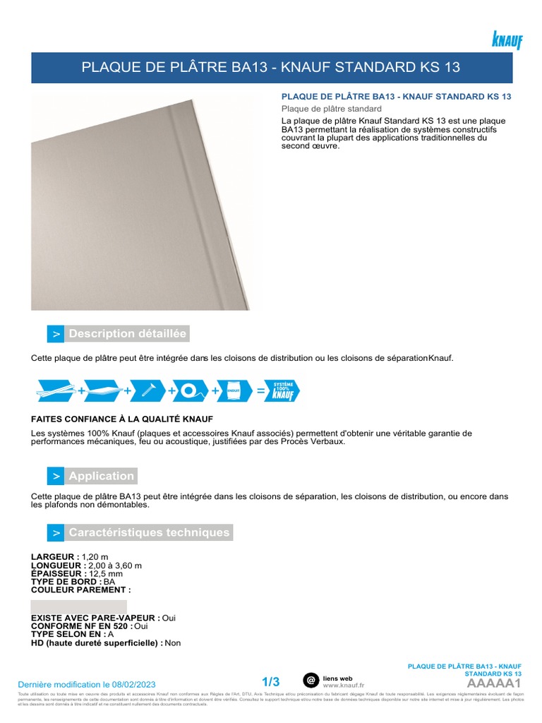 Plaque de Plâtre BA13 Knauf Standard | PDF | Plaque de plâtre