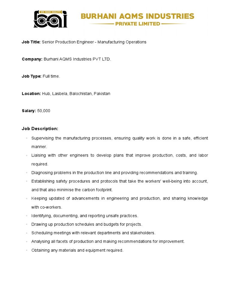 Burhani AQMS Senior Production Engineer Job Posting PDF | PDF | Art | Technology & Engineering