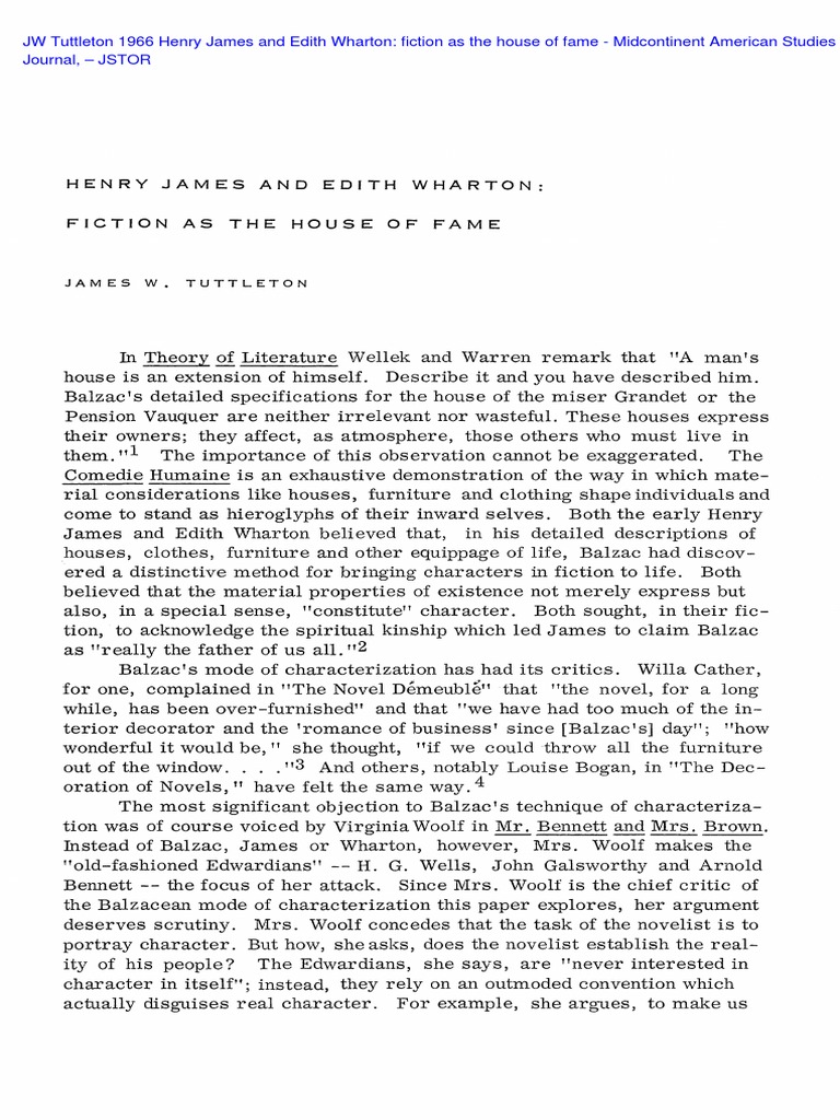 Tuttleton 1966 James and Wharton - Fiction As The House of Fame | PDF