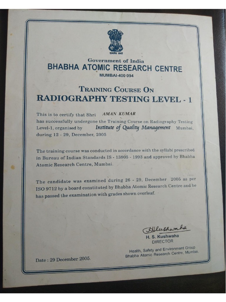 AMAN BARC LEVEL-2 CERTIFICATE RT Level 1 | PDF