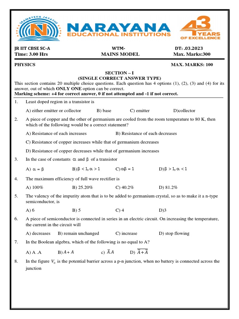 Mains-Narayana Question Paper For Specific Topics | PDF | Logic Gate | P–N Junction