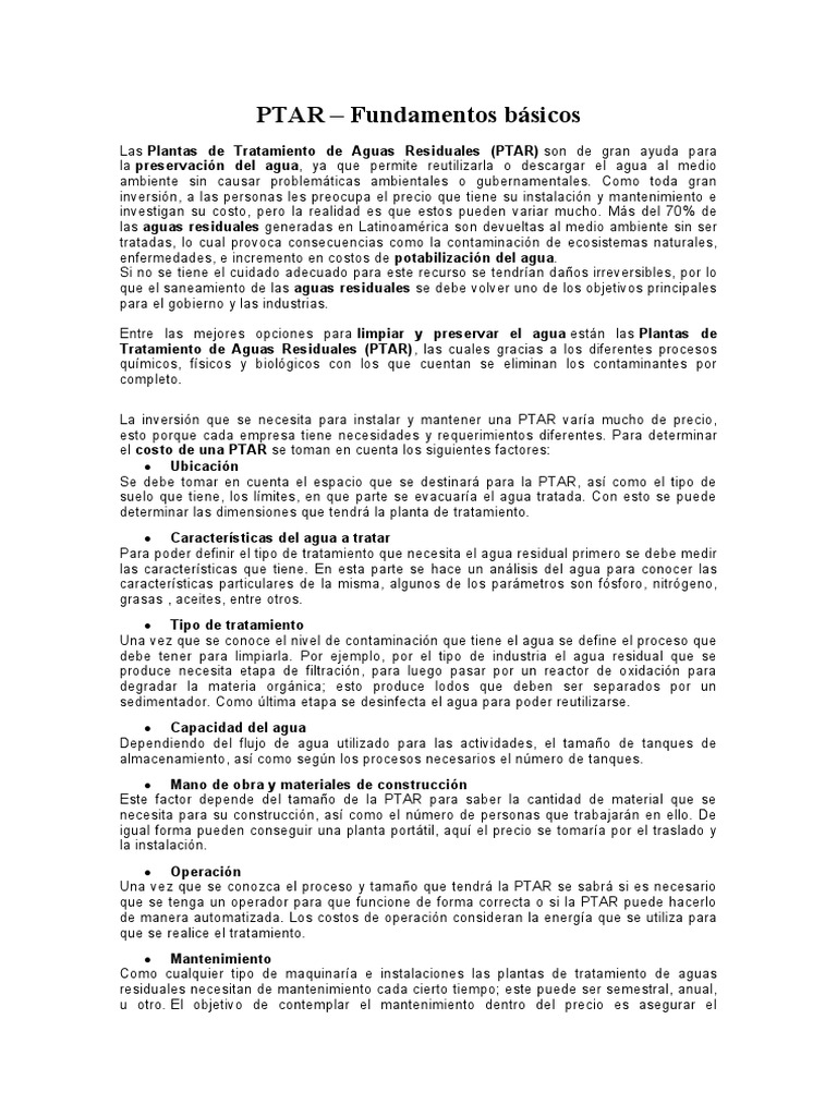 PTAR | PDF | Agua | Tratamiento de aguas residuales