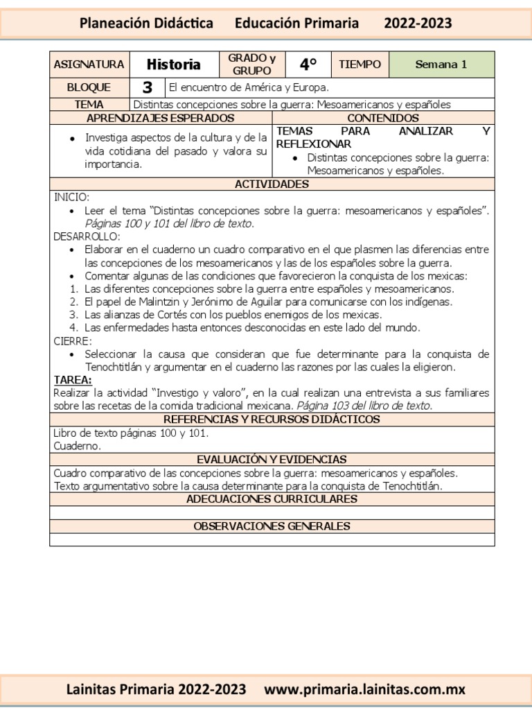 Planeación Didáctica Historia 4° Primaria | PDF | Evaluación ...