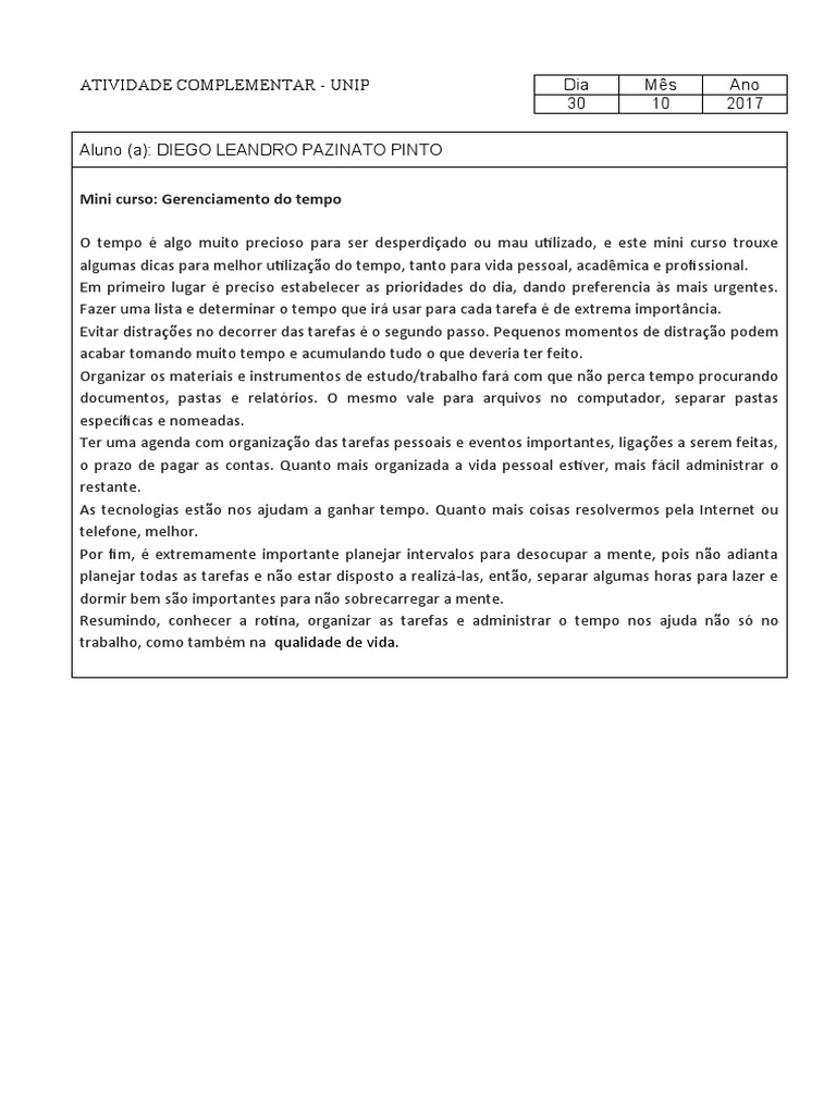 Gerenciamentro Tempo - Atividade Complementar | PDF